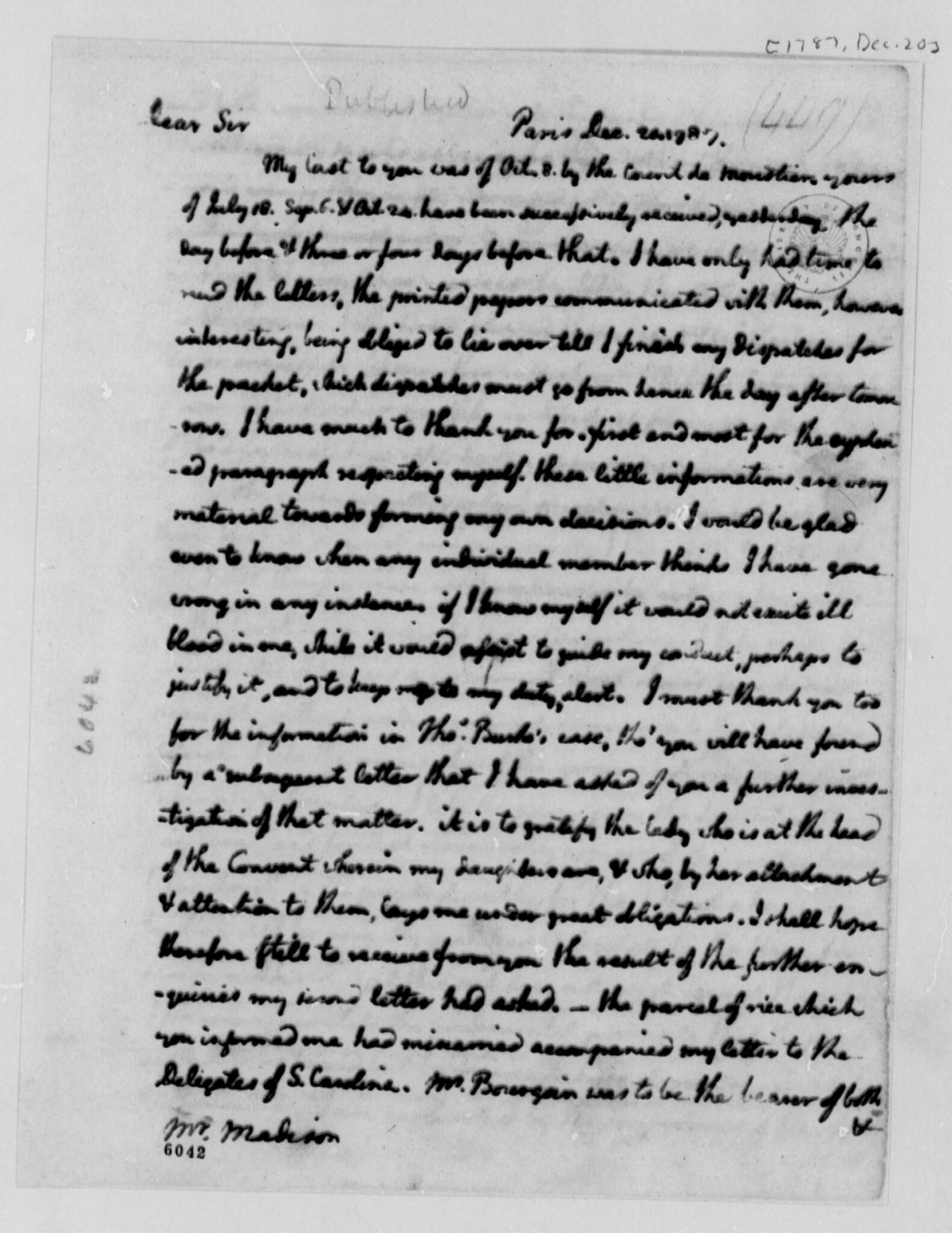 Letter to James Madison with Objections to the Proposed Constitution ...